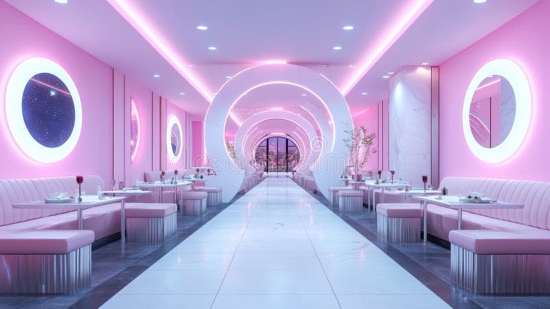 Modern Pink Restaurant Interior with Circular Design Stock Illustration ...