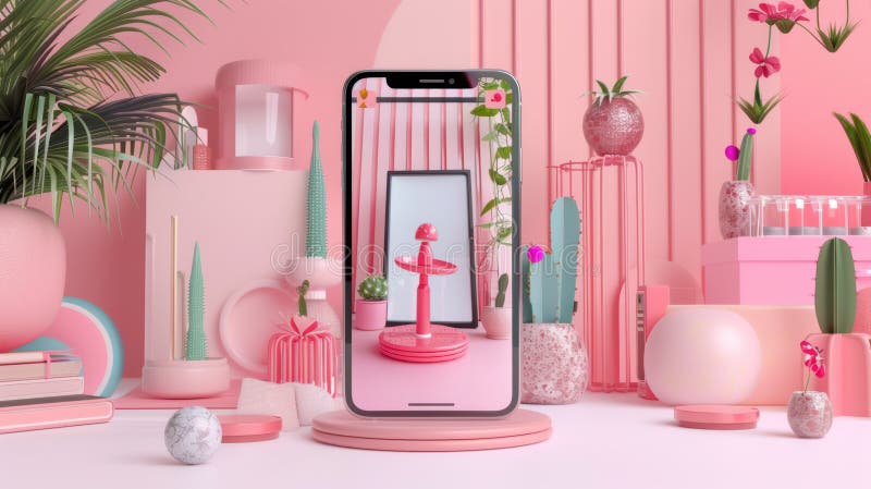 Modern Pink-themed Setup with Smartphone and Decorative Items, Creating ...