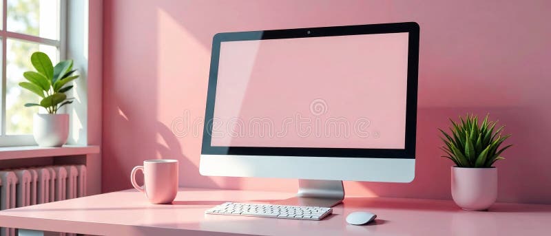 Modern Pink Workspace Mockup Inspiring Female Programmers Desk for ...