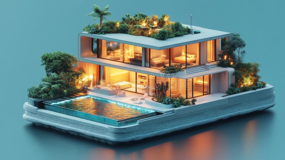 Modern Pixel Art Villa with Pool at Night Stock Illustration ...