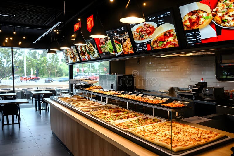 Modern Pizza Restaurant Interior with Food Display and Digital Menus ...