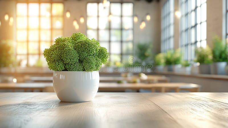 Modern Plant on Table in a Cafe, Sunny Interior Background Stock ...