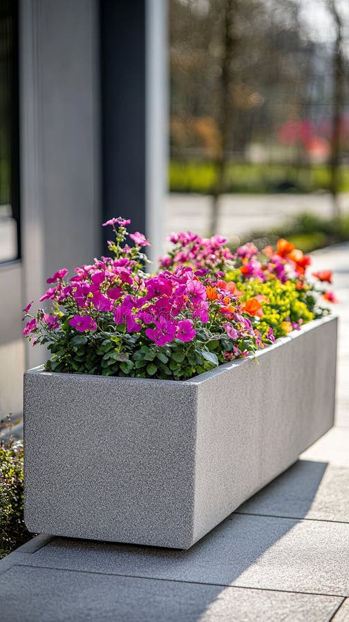 A Modern Planter Filled with Fresh Spring Flowers, Placed on a Smooth ...