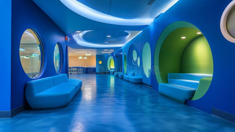 Modern Play Area with Blue Walls and Green Niches Stock Illustration ...