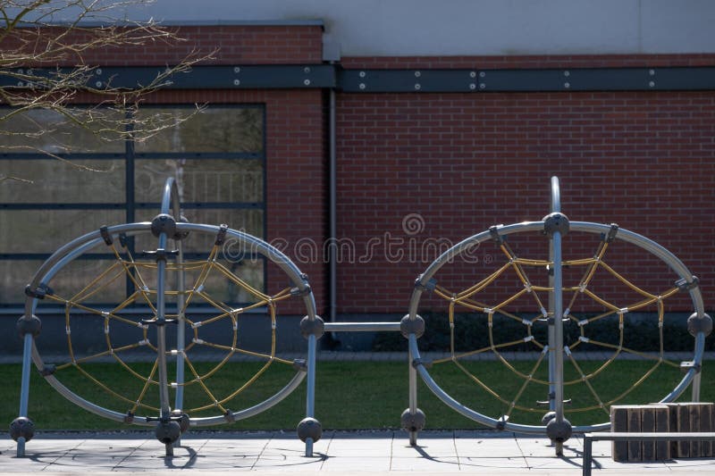 Modern Playground Climbing Nets in Front of School Building Stock Image ...