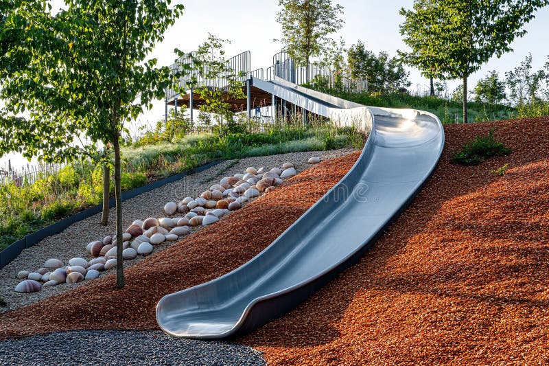 A Modern Playground with a Metal Slide Embedded in the Landscape Design ...