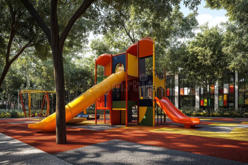 Modern Playground Structure with Slides and Climbing Features Stands on ...