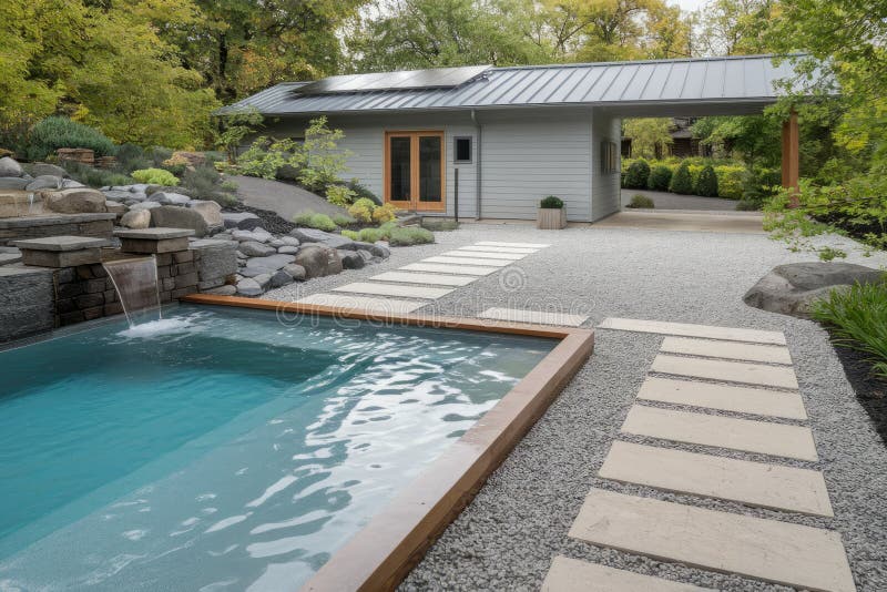 Modern Plunge Pool with Waterfall and Solar Panels in Backyard Stock ...