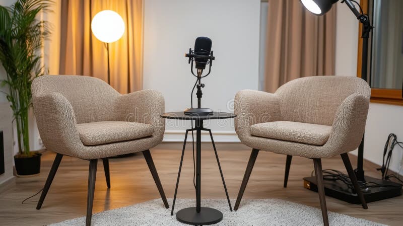 Modern Podcast Audio Studio Setup Empty Microphone, Two with Chairs ...