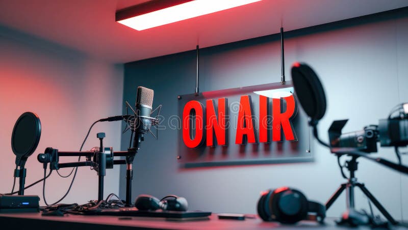 Modern Podcast Studio with on AIR Sign and Microphones, Designed for ...