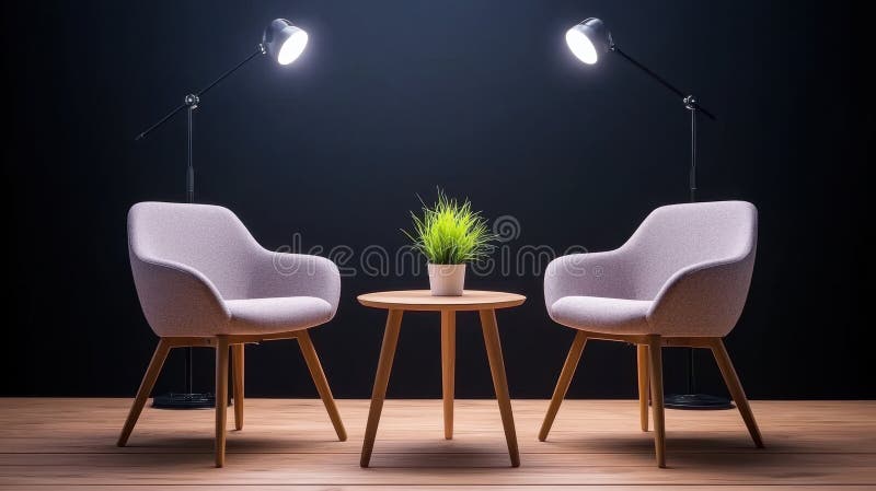 Modern Podcast Studio Circular with Microphone, Two Empty Chairs, Small ...