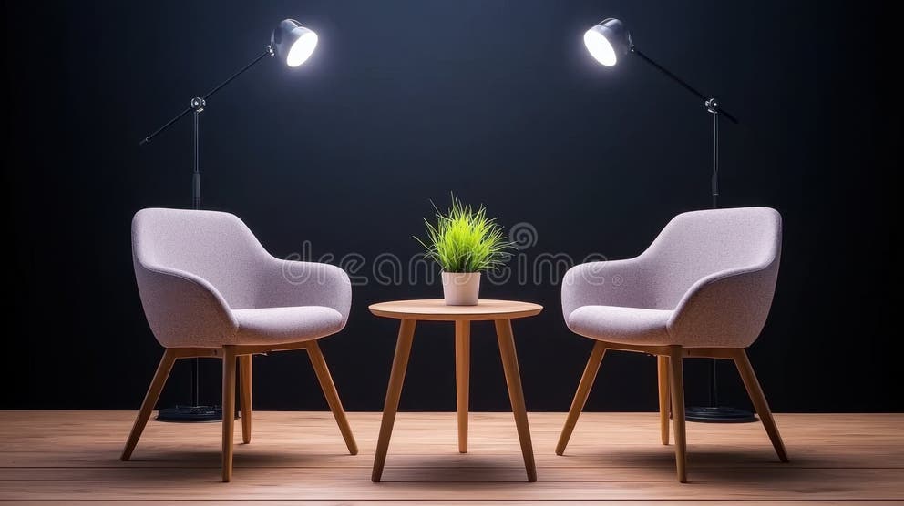 Modern Podcast Studio Circular with Microphone, Two Empty Chairs, Small ...