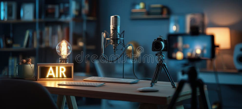 The Modern Podcast Studio Featuring a Microphone and Creative Lighting ...