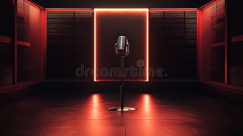 Modern Podcast Studio Featuring Microphone, Illuminated by Red Lights ...