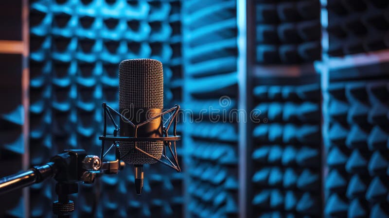 Modern Podcast Studio Featuring Microphone, Soundproof Walls, and Blue ...