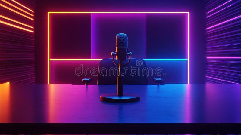 Modern Podcast Studio Minimalist Microphone Vibrant LED Background and ...