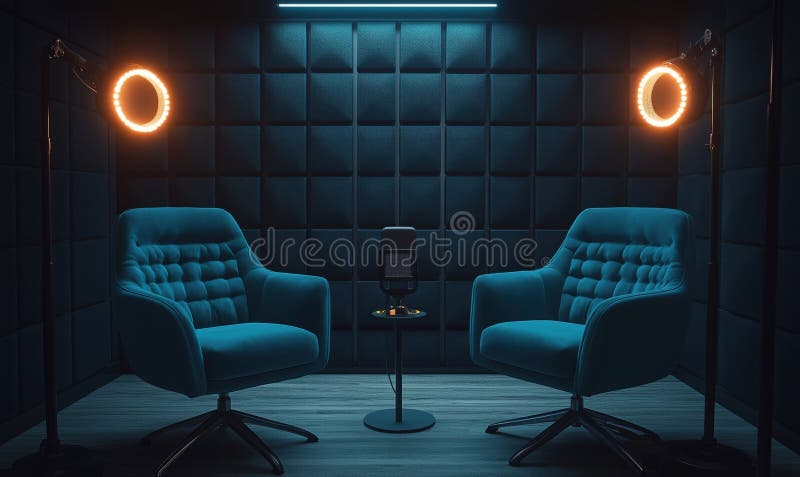 Modern Podcast Studio Setup Blue Chairs Professional Lighting Stock ...