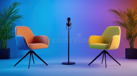 Modern Podcast Studio Setup Featuring a Empty Chairs and Two Microphone ...