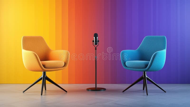 Modern Podcast Studio Setup Featuring Speakers Empty Chairs and a ...
