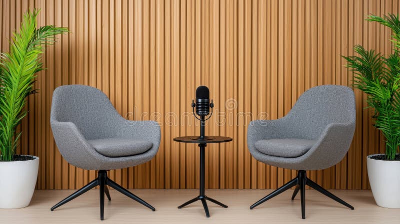 Modern Podcast Studio Setup with Microphone, Two Empty and Small Table ...