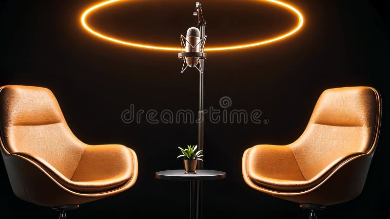 Modern Podcast Studio Setup with Neon Circular Empty Chairs, Small ...