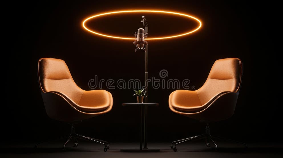 Modern Podcast Studio Setup with Neon Two Empty Chairs, Small Table ...