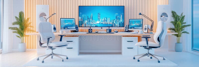 Modern Podcast Studio Setup with Skyline View Displaying on Screen ...