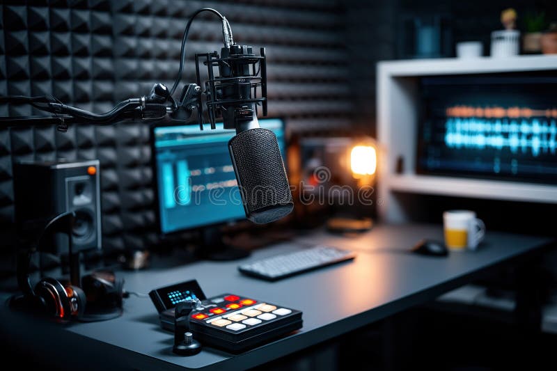 Modern Podcasting Studio Setup Features Microphone, Computer, and Sound ...