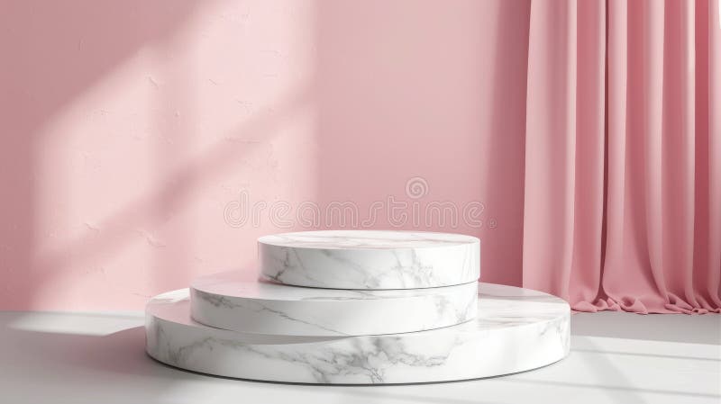 Stylish Round Podium Display Stand with Pink Background and Drapes ...