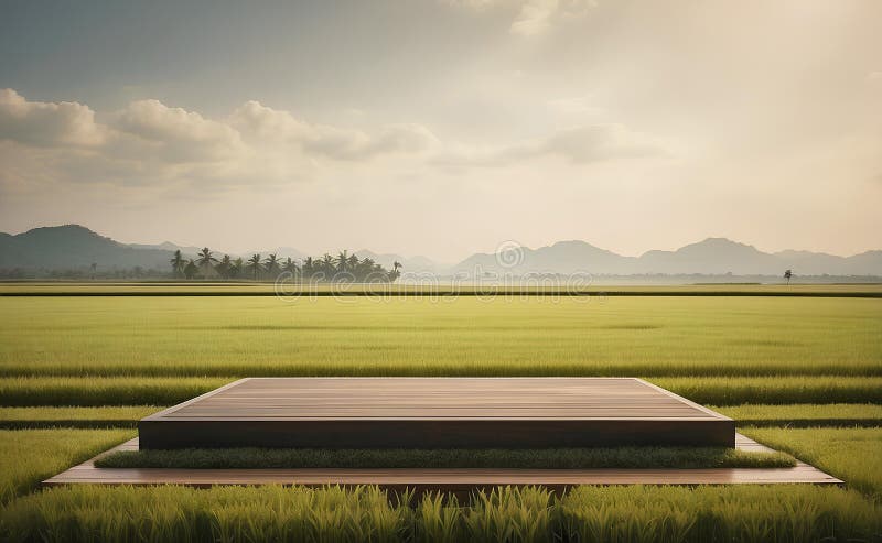 A Modern Podium with Rice Field Background Stock Illustration ...