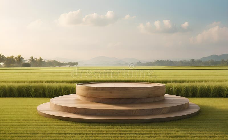 A Modern Podium with Rice Field Background Stock Illustration ...