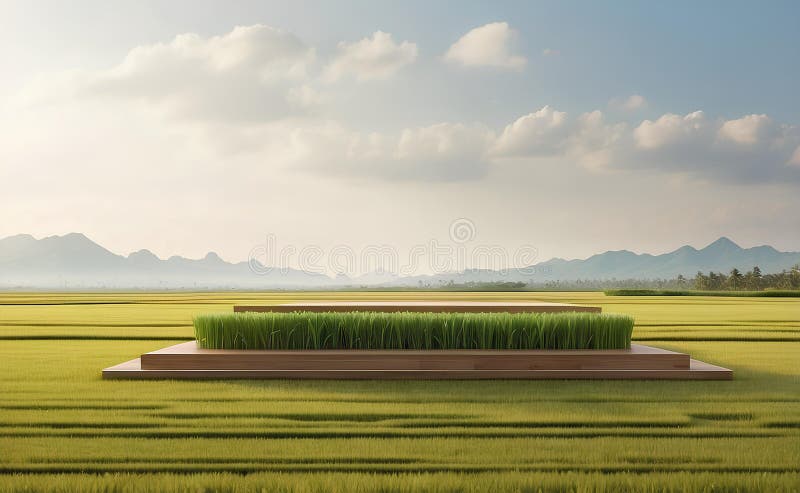A Modern Podium with Rice Field Background Stock Illustration ...