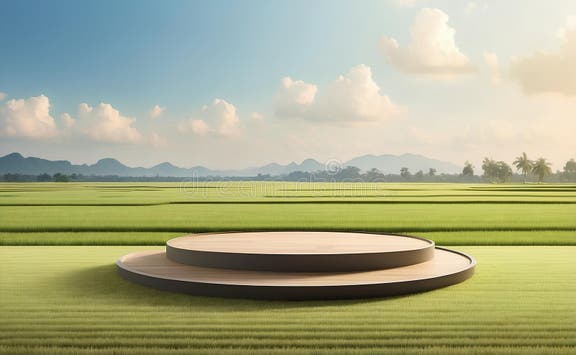 A Modern Podium with Rice Field Background Stock Illustration ...