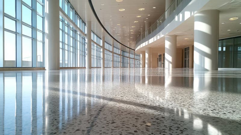 Modern, Polished Concrete Floor Reflecting Light through Large Windows ...