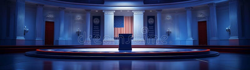A Modern Political Debate Setting Featuring American Flags and ...