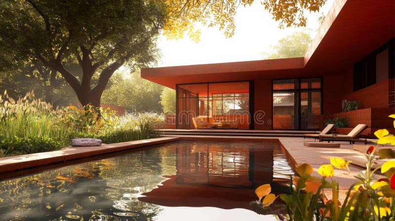 A Modern Pool Area is Set Amidst Lush Trees and Distant Hills, Creating ...