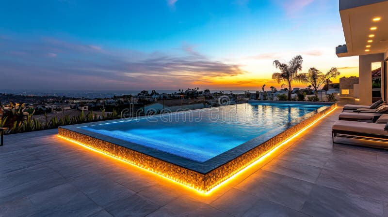Modern Pool Deck with Sunset View and Illuminated Edge Stock ...