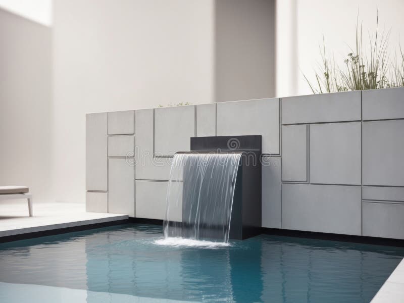 Modern Pool Design with Waterfall Feature and Geometric Tiles. Stock ...