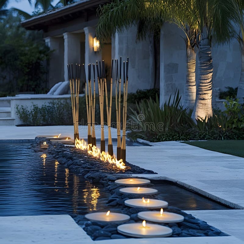 Modern Poolside Fire Feature at Night with Bamboo and Illuminated ...