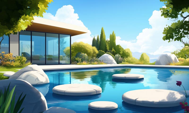 Modern Poolside Landscape with Serene Water Features and Lush Greenery ...