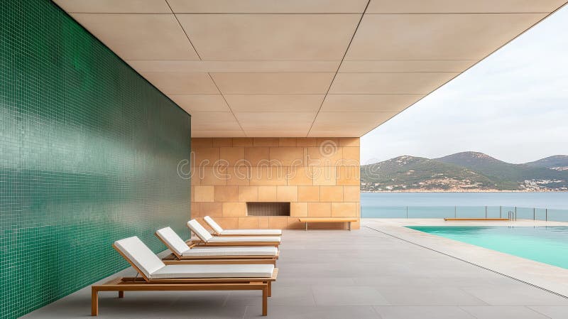 Modern Poolside Terrace with Lounge Chairs Overlooking Scenic Ocean ...