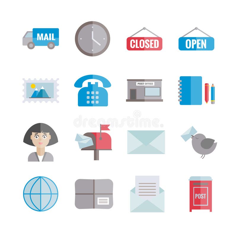 Set of Vector Flat Post Office Icons Stock Vector - Illustration of ...