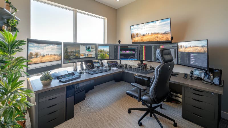 Modern Post Production Editing Suite with Multiple Monitors Setup Stock ...