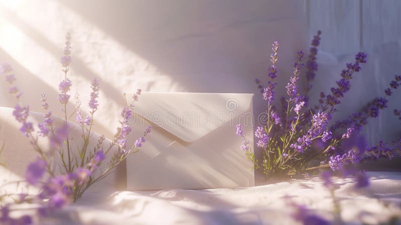 Modern Postal Aesthetic Envelope with Lavender on Light Background with ...