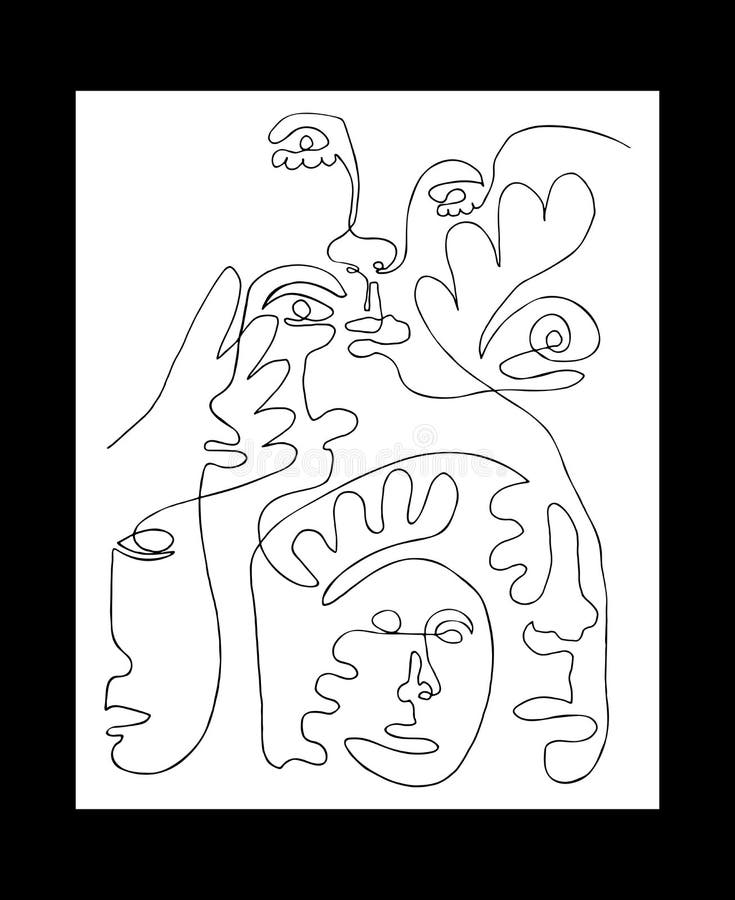 Modern Poster with Linear Abstract Faces. Continuous Line Art. One Line ...