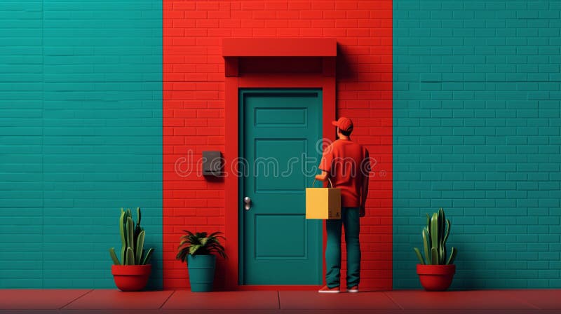 A Modern Postman in a Red Shirt Delivers a Package To a Home with a ...