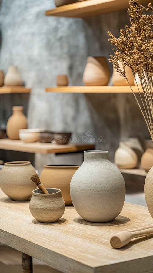 A Modern Pottery Gallery with Finished Vases and Tools Displayed Stock ...