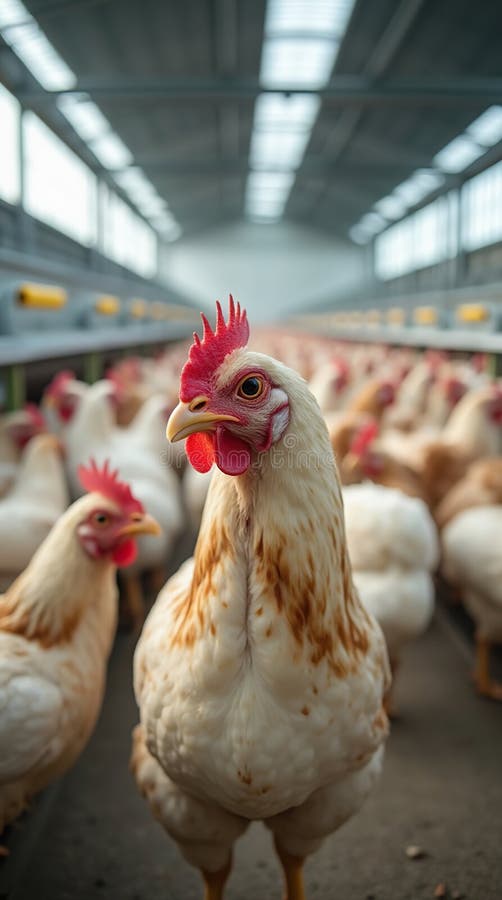 Modern Poultry Farm with Chickens Inside Spacious Well-Lit Enclosure ...