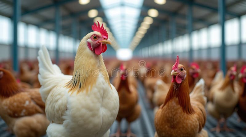 Modern Poultry Farm with Chickens in Neat Rows Inside Spacious Facility ...