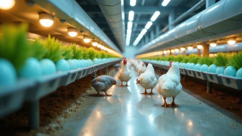 Modern Poultry Farm Facility Showcasing Rows of Eggs and Chickens ...